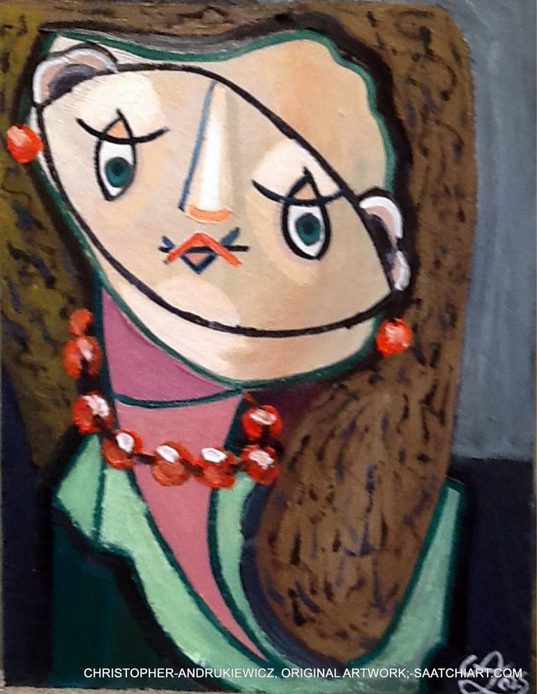 young lady with long hair and red beads and earings. Painting by Christopher Andrukiewicz ...