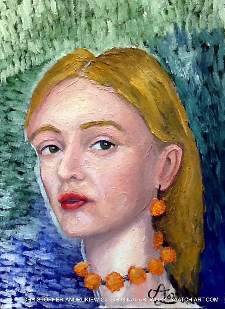 lady wearing orange neck beads and earing Painting by Christopher Andrukiewicz | Saatchi Art