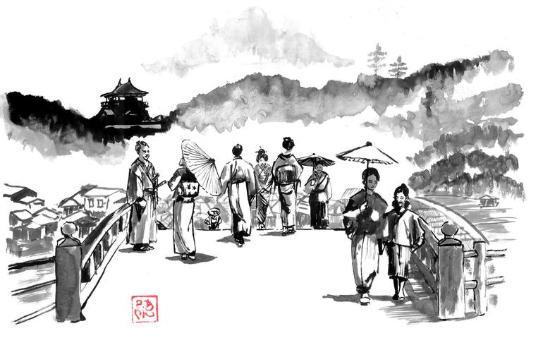 edo bridge Drawing by Pechane Sumie | Saatchi Art
