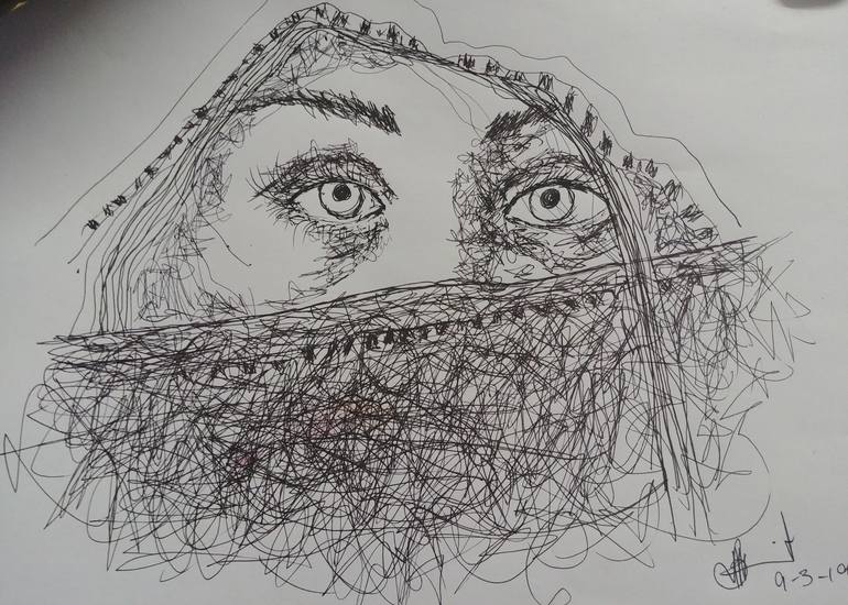 Eyes behind scarf Drawing by Bev Smith Martin | Saatchi Art