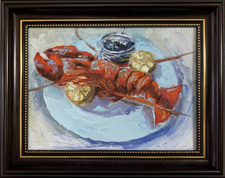 Lobster, lemon and black caviar. Painting by Vita Schagen | Saatchi Art