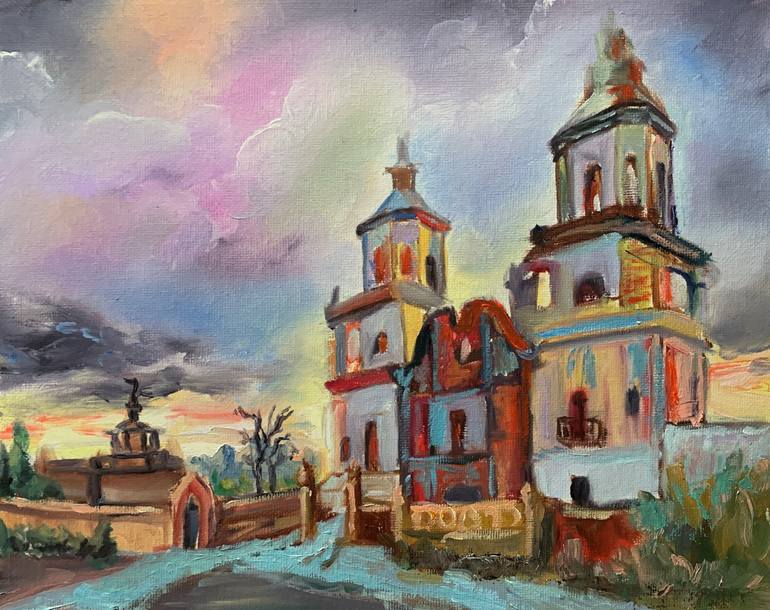 Drawing & Illustration Blue Sky Landscape Vintage pastel painting ...