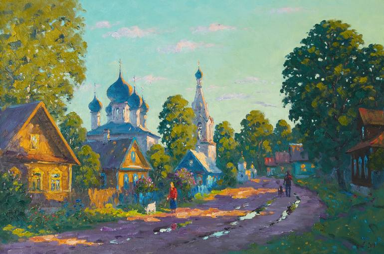 Village Slobodka, evening Painting by Alexander Alexandrovsky | Saatchi Art