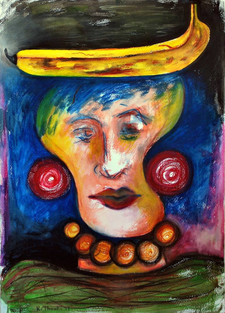 Woman with banana-hat Painting by Kyriakos Thouki | Saatchi Art