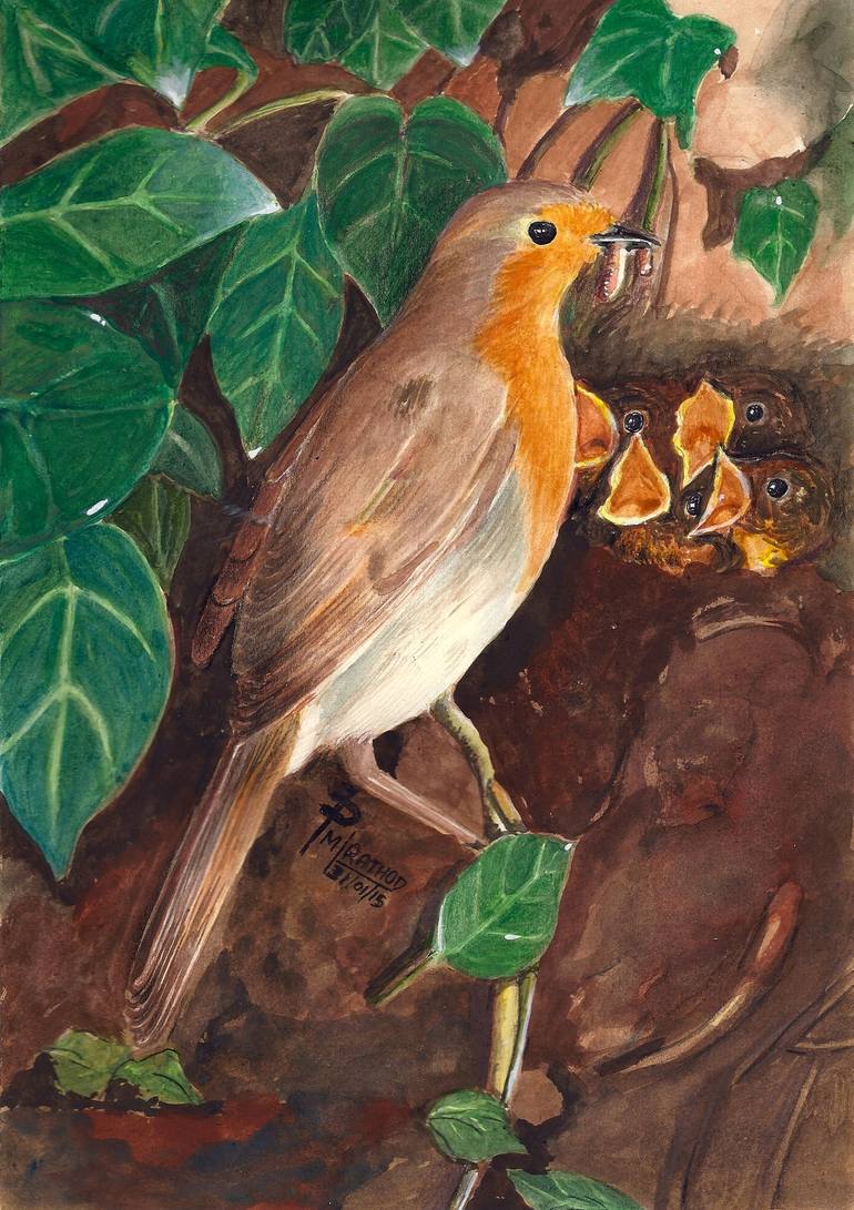 EUROPEAN ROBIN & BABIES Painting by Mahendra Rathod | Saatchi Art