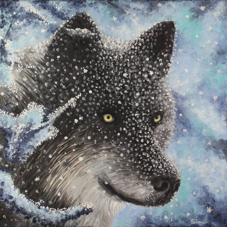 The Black Snow Wolf in a Storm Painting by Simon Knott | Saatchi Art
