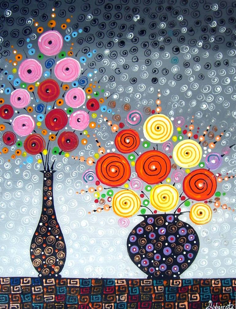 DREAM FLOWERS & TWO VASES PAINTING Painting by Debarati Sarkar | Saatchi Art