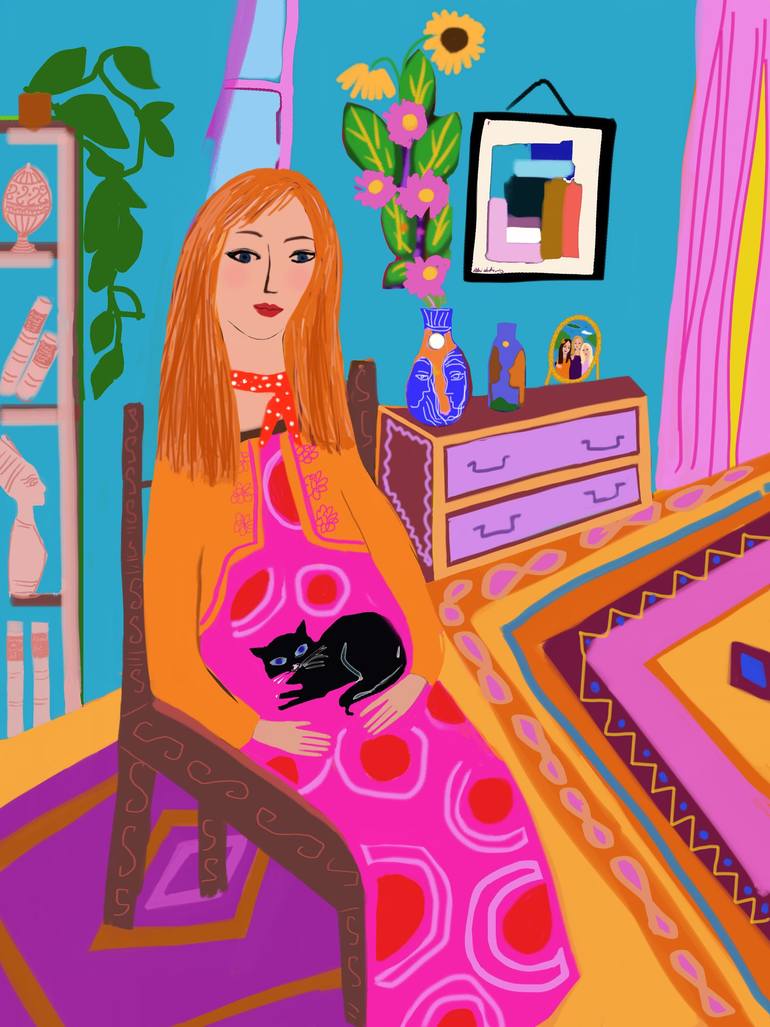 Seated Woman with Cat Digital by Alice Lenkiewicz | Saatchi Art
