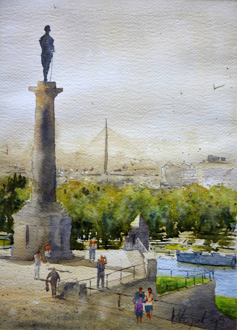 Victor statue and Ada bridge Belgrade small Painting by Nenad Kojić ...