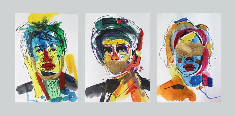 A Triplets Three Triptych Girl Portrait Paintings Original Art ...