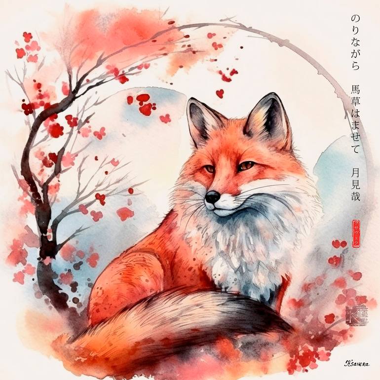 Japanese Fox RJ0053 Landscape Sunrise Watercolor Haiku sumi-e Painting ...