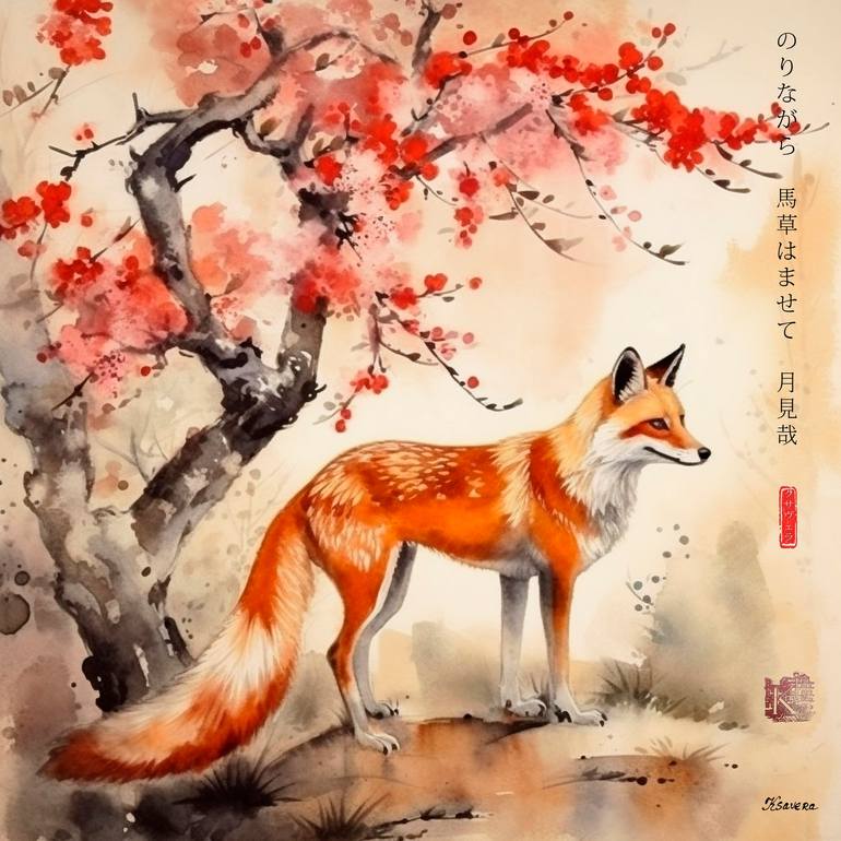 Japanese Fox RJ0057 Landscape Sunrise Watercolor Haiku sumi-e Painting ...