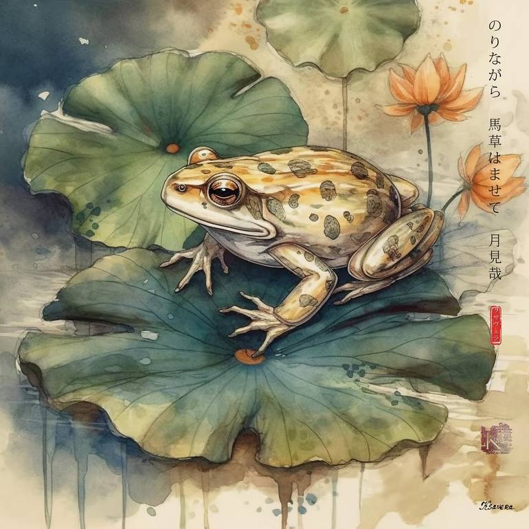 Japanese Frog RJ0060 Landscape Sunrise Watercolor Haiku sumi-e Painting ...