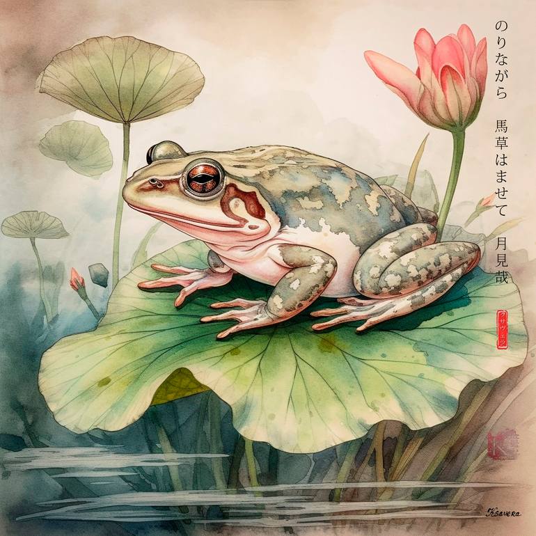 Japanese Frog RJ0062 Landscape Sunrise Watercolor Haiku sumi-e Painting ...