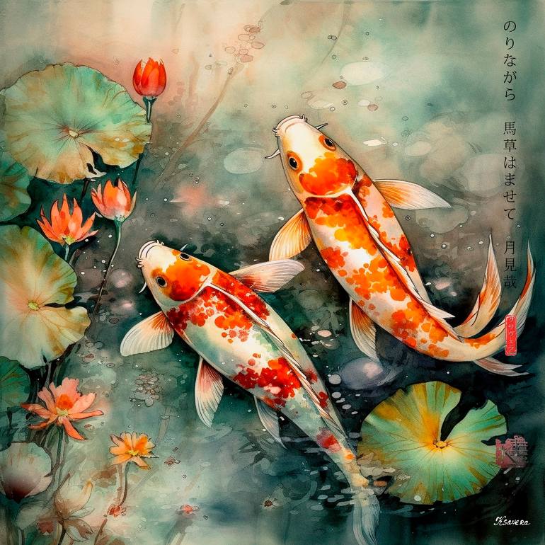 Japanese koi fishes RJ0066 Landscape pond Watercolor Haiku sumi-e ...