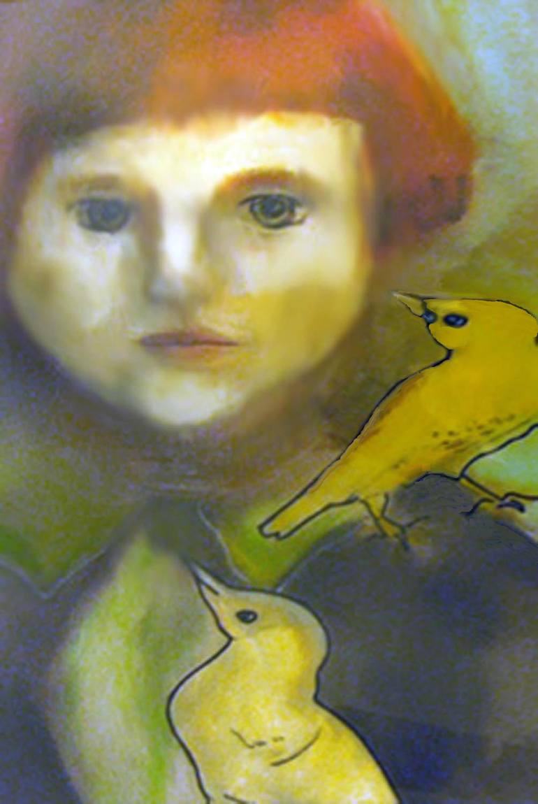 Girl with Yellow Birds Painting by Artist STRAYER | Saatchi Art