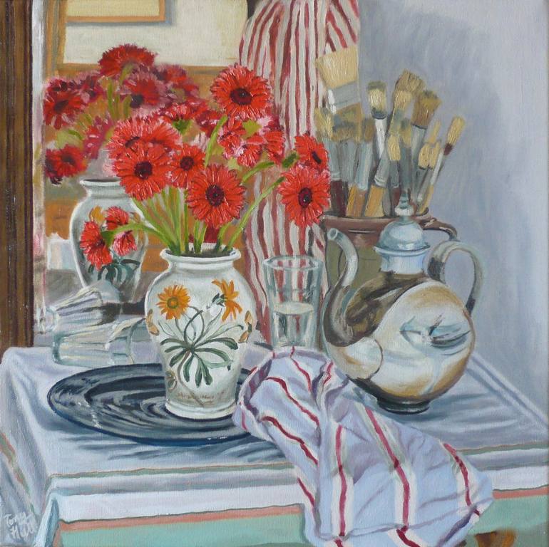 Gerberas and Portmeirion Vase Painting by Tony Hull | Saatchi Art