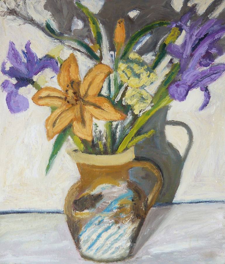 Iris and Lilies in an earthenware jug Painting by Tony Hull | Saatchi Art