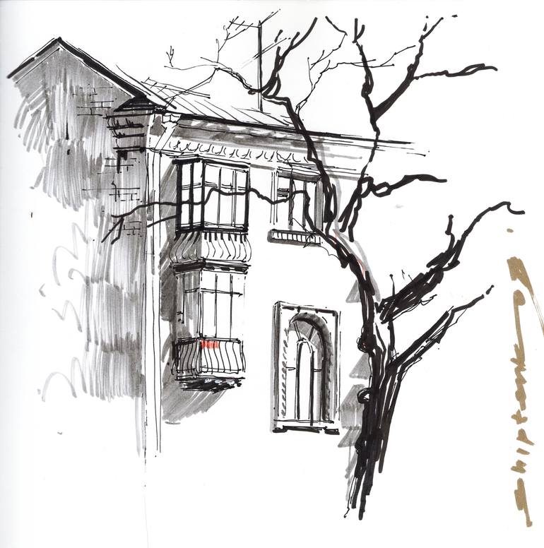 Kiev courtyard Drawing by Bohdan Shyptenko | Saatchi Art