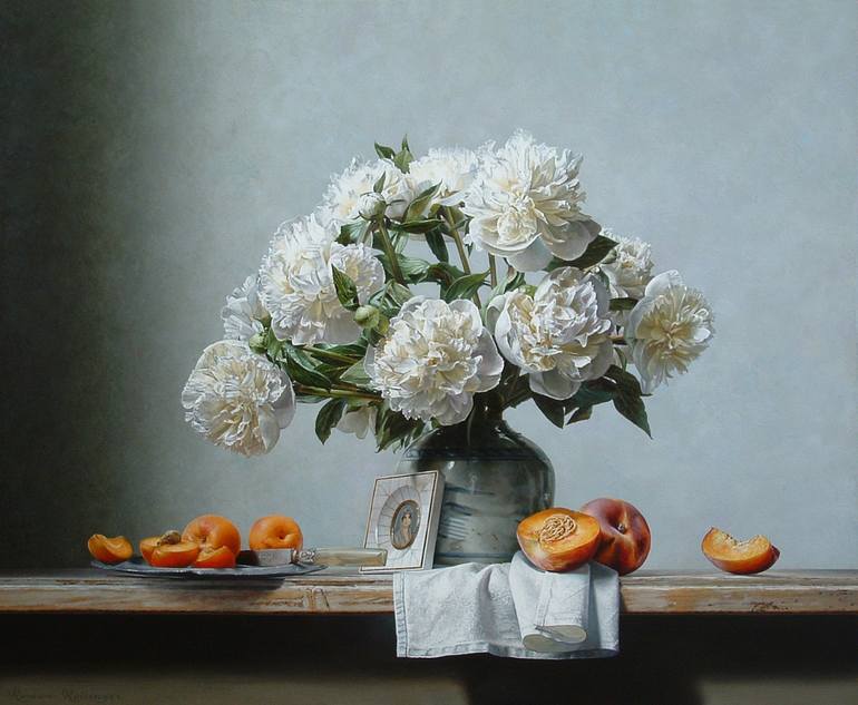 Still life with peonies Painting by Roman Reisinger | Saatchi Art