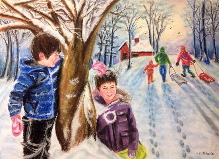 Boys Snow Fun Drawing by Xin Zhang | Saatchi Art