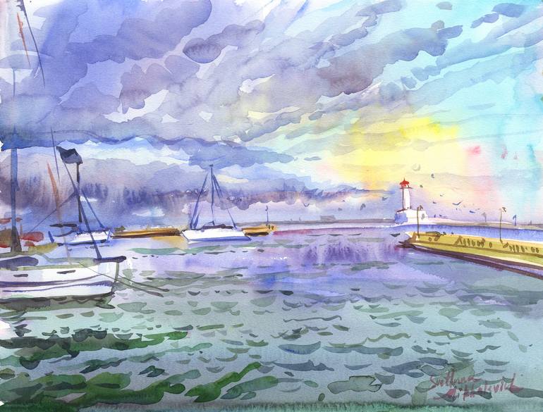 Odessa seascape with lighthouse. Ukrainian landscape Painting by Sveta ...