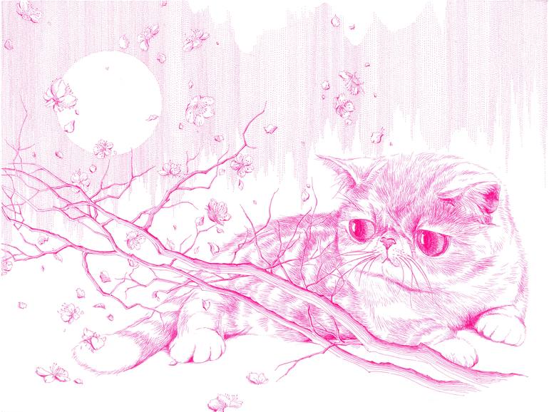 Sakura and Kitten Drawing by Huidan Kang | Saatchi Art