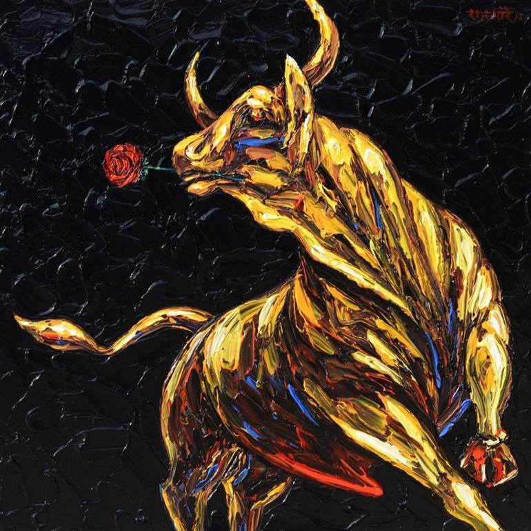 Red Rose-Bull Painting by Raj More | Saatchi Art