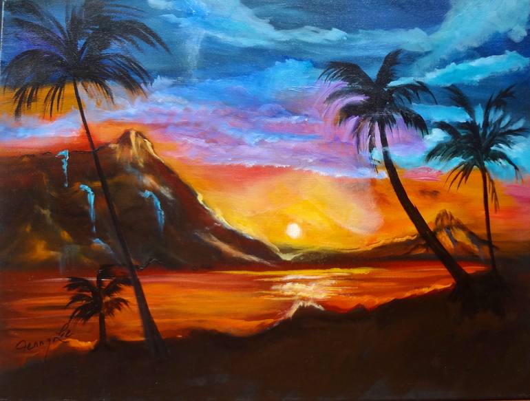 Tropical Sunset Painting by Jenny Jonah | Saatchi Art