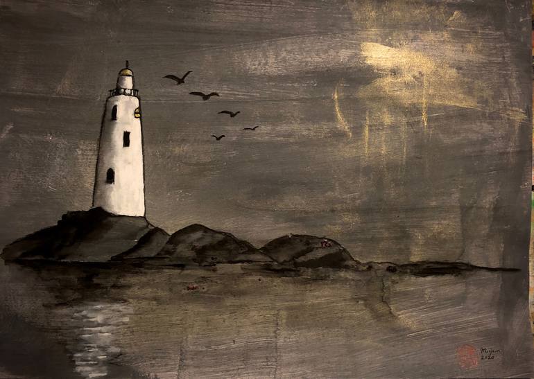 Lighthouse in grey Painting by Mirjam Palosaari Eladhari | Saatchi Art