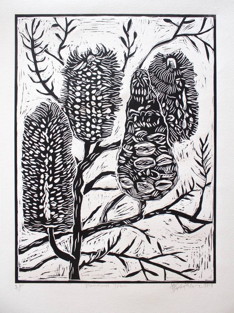 Banksias - linocut print Printmaking by Matthew Broughton | Saatchi Art