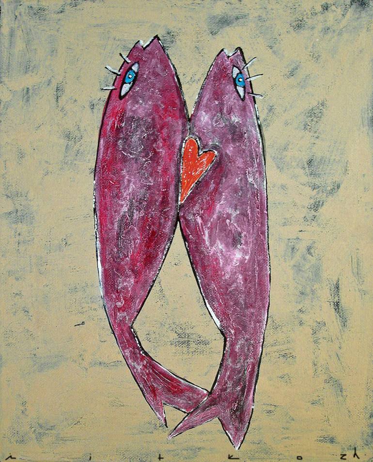 Love , heart, fishes Painting by Mitko Zhelezarov | Saatchi Art