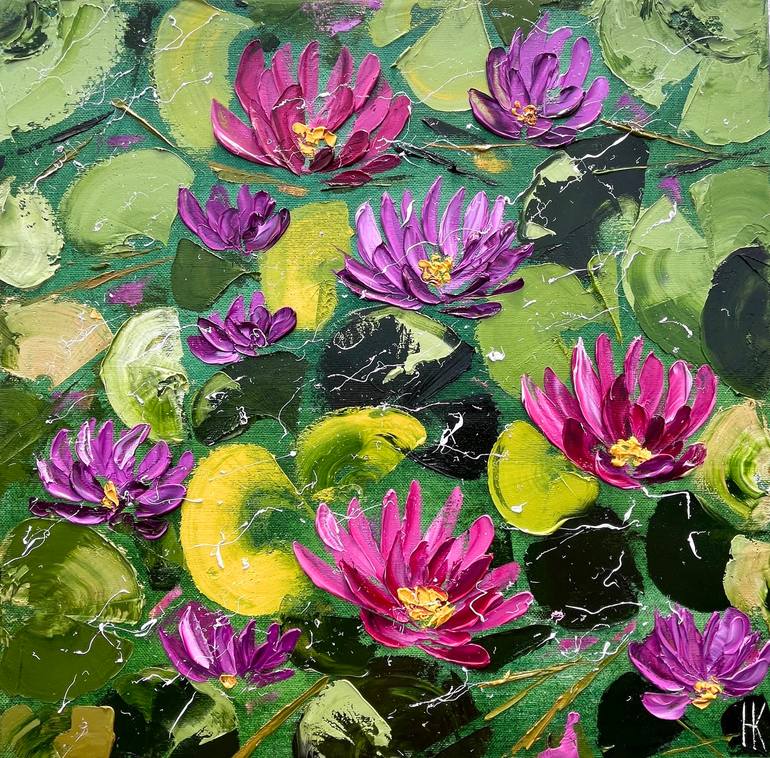 Water Lily Painting Floral Original Art Lotos Oil Impasto Canvas ...