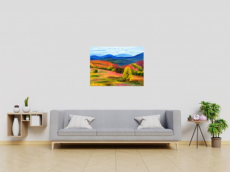 autumn mountain landscape original oil artwork Red autumn in the blue ...
