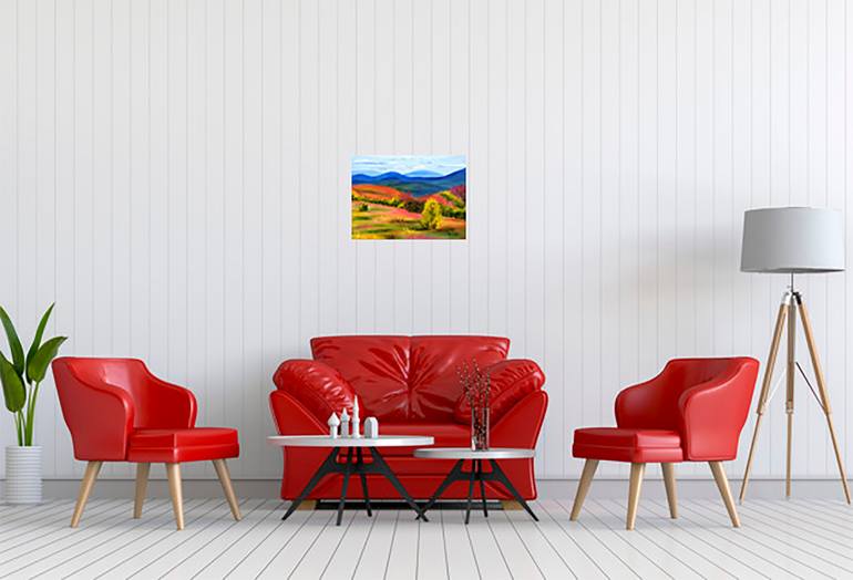 autumn mountain landscape original oil artwork Red autumn in the blue ...