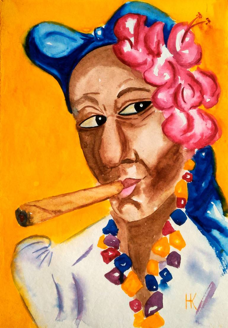 Cuban original watercolor painting woman with flowers hat Cuban beauty ...