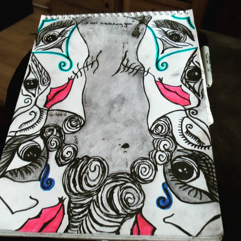 I'm watching you. too many faces. Drawing by Sophy Robinson | Saatchi Art