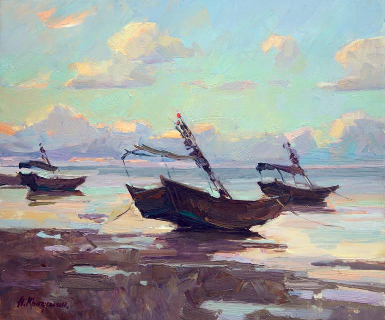 Morning on the beach. Outflow Painting by Aleksandr Kryushyn | Saatchi Art