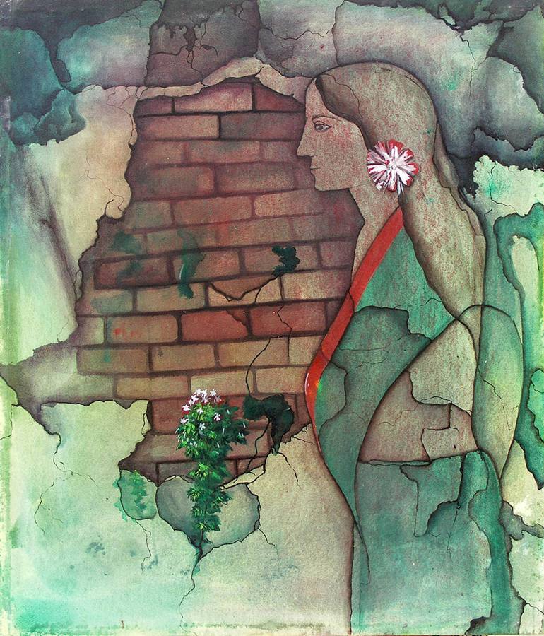 Woman on wall Painting by Amjad Akash | Saatchi Art