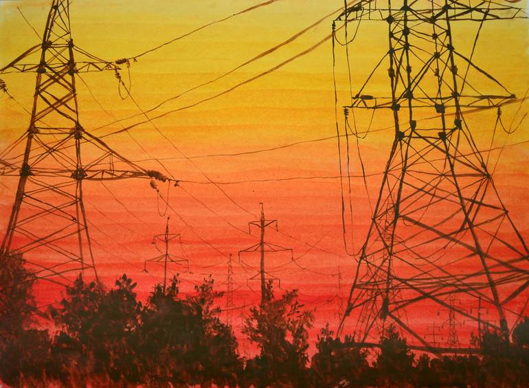 Power Transmission Lines Painting by Olha Holovko | Saatchi Art