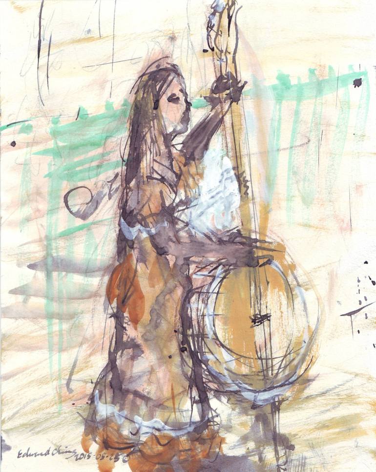 Woman Busking Drawing by Edward VisualArt | Saatchi Art