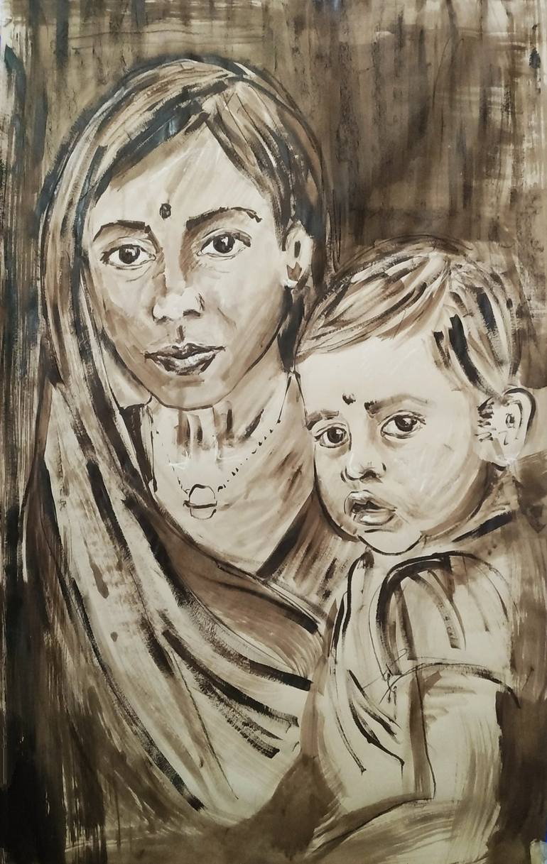 Indian mother and child Drawing by Alessia Cors | Saatchi Art