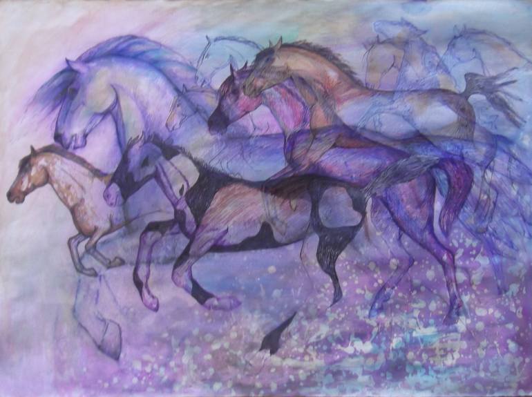 Galloping herd of horses Drawing by Helena Manchip | Saatchi Art
