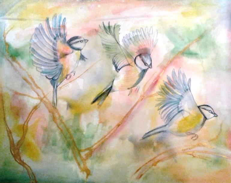 Flying garden birds Painting by Helena Manchip | Saatchi Art