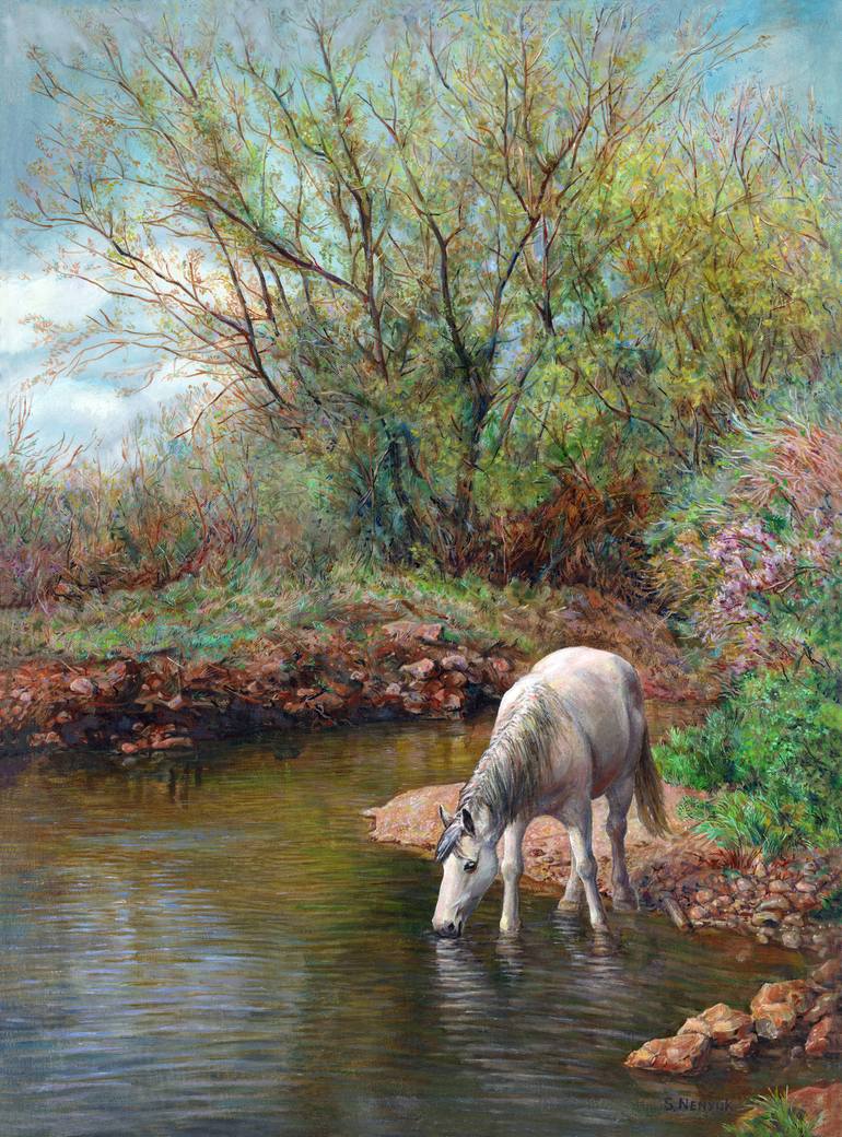 Beautiful White Horse and Enchanting Spring Painting by Svitozar Nenyuk ...