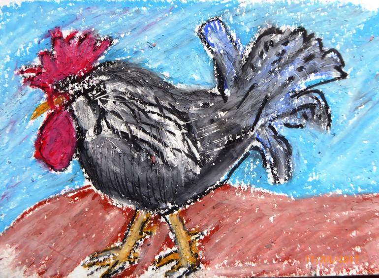 black chicken blue sky Painting by Mira Meshulam | Saatchi Art