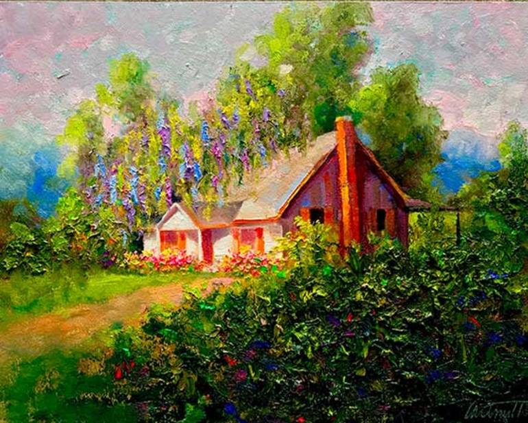 Spring Cottage Oil Painting Painting by Greg Cartmell | Saatchi Art