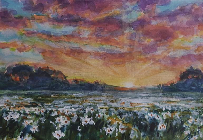 The valley of daffodils blooms Painting by Mykhailo Patskan | Saatchi Art