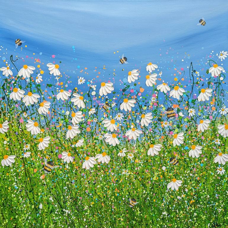 Bee utiful Daisy Meadow #5 Painting by Lucy Moore | Saatchi Art