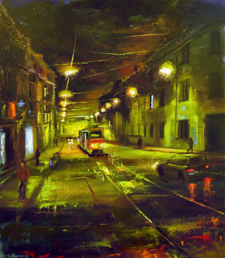 The last tram Painting by Sergey Lutsenko | Saatchi Art